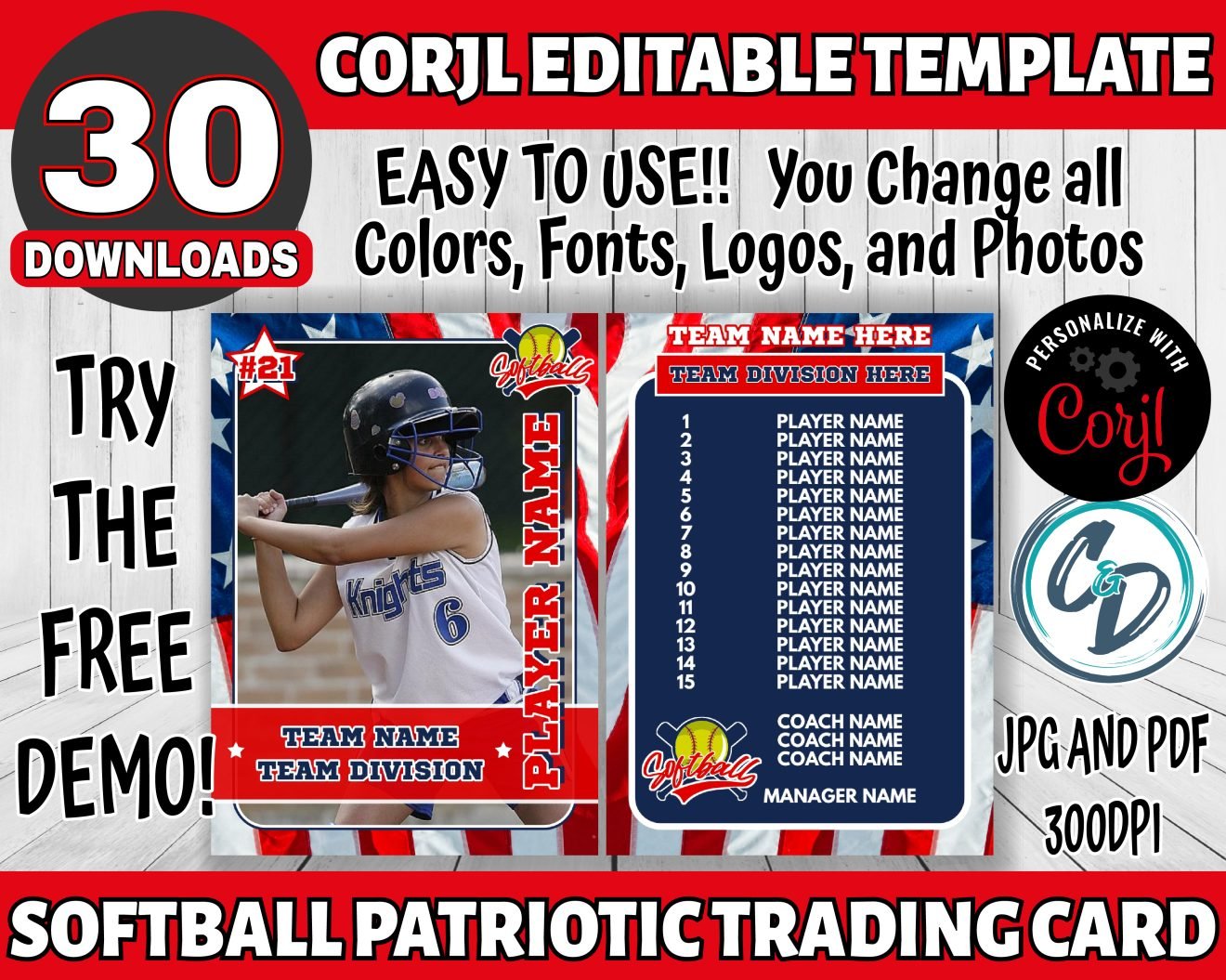 Softball Trading Card Patriotic – C and D Designs Co Shop